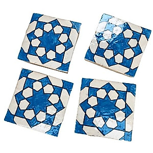 Spanish Blue Ceramic Tile Painted 4x4 - Moroccan Hand Painted Tile Zellige for Kitchen Backsplash, Outdoor/Indoor Tiles Bathroom or Shower Tile, Handmade Ceramic Tile Simple (4 Tiles)