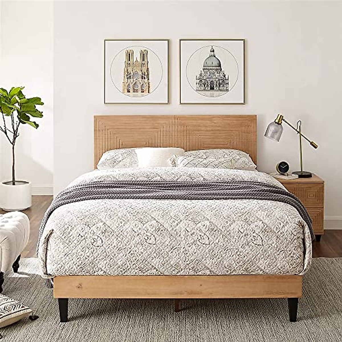 MUSEHOMEINC Mid Century Modern Solid Wood Platform Bed,King Size Bed Frame with Adjustable Height Headboard, Wood Slat Support Bed Frame, Bed Frame No Box Spring Needed