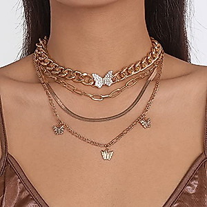 Missgrace Rhinestones Gold Butterfly Layered Choker Necklace Sparkly Jewerly Fashion Wedding Party Prom Bar Necklace Accessories for Women and Bride (Gold)