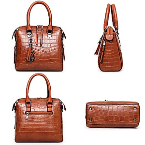 Women Handbag and Purse 4pcs Wax PU Tote Set Shoulder Top Handle Bag Satchel Clutch Card Holder wtih Tassel Brown