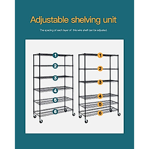 BestMassage Wire Shelving Unit Heavy Duty Garage Storage Shelves Large Metal Shelf Organizer 6-Tier Height Adjustable Commercial Grade Utility Steel Storage Rack with Wheels,18 x 48 x 72 (Black)