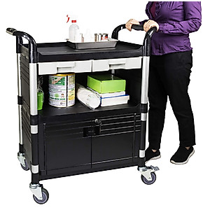 JaboEquip 3 Tier Heavy Duty Utility Cart Lockable Medical Cart Hospital Cart Lab Cart, 606 lbs Load for Lab Hospital Office, JB-3KD1, Black