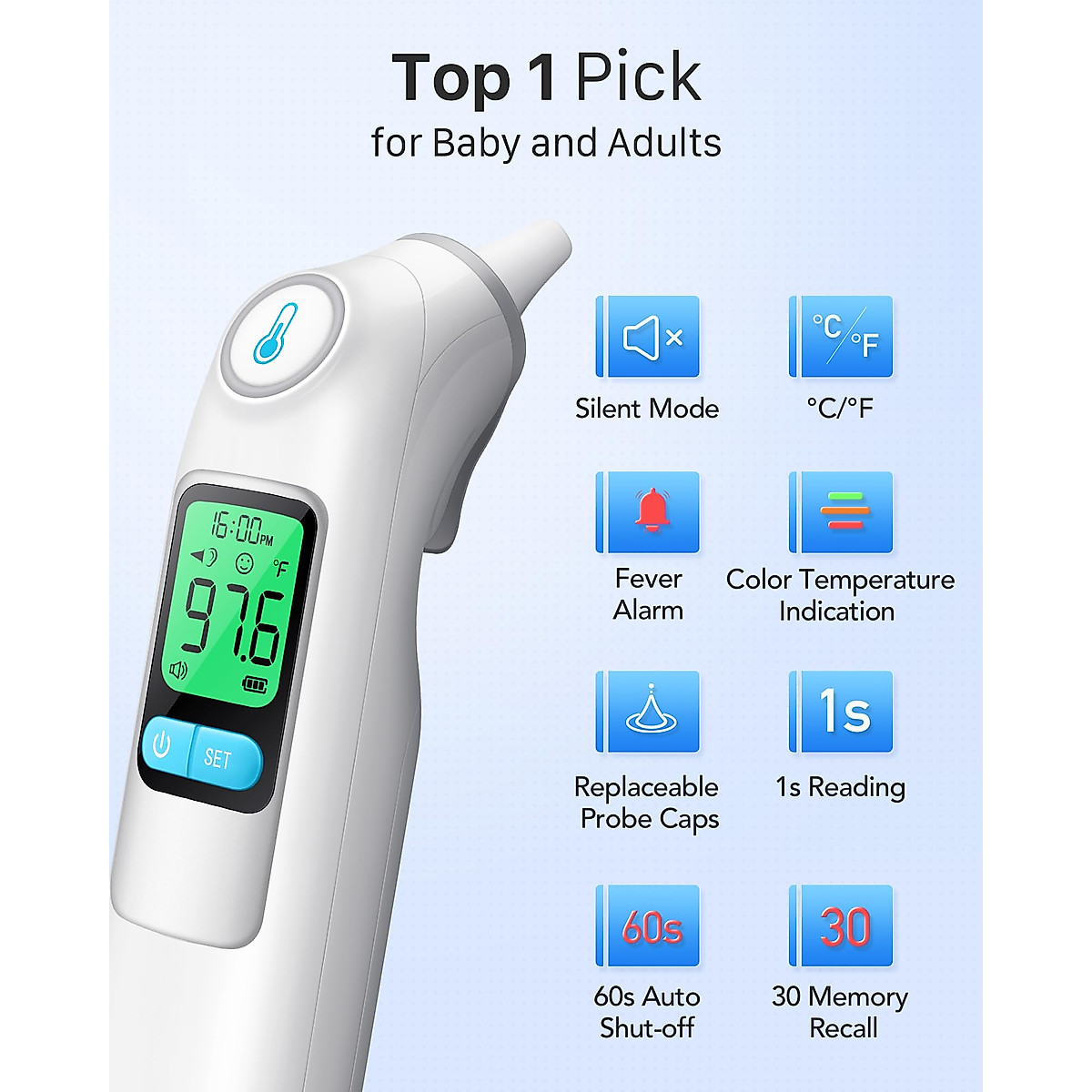 [Ear Thermometer Kit ] Femometer Family 1015 Ear Thermometer and 96X Probe Covers