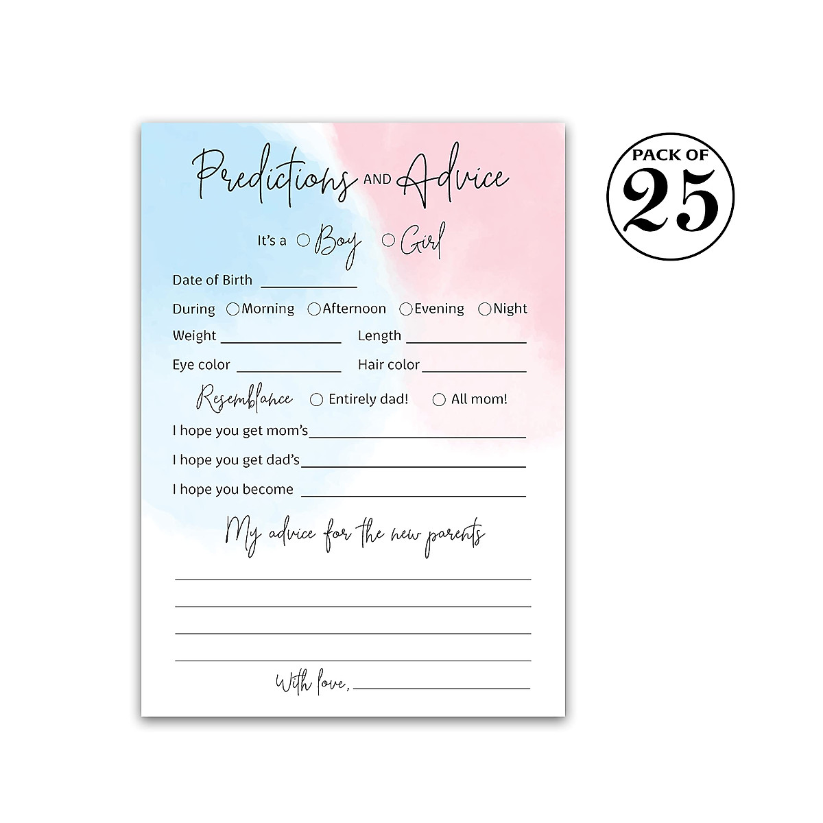 GENDER REVEAL Prediction and Advice Cards - Pack of 25 - Minimalist Blue or Pink Baby Shower Games, New Parents, Mom & Dad to be, Mommy & Daddy Message, Coed Shower Activity Keepsake Book G752-PDAV