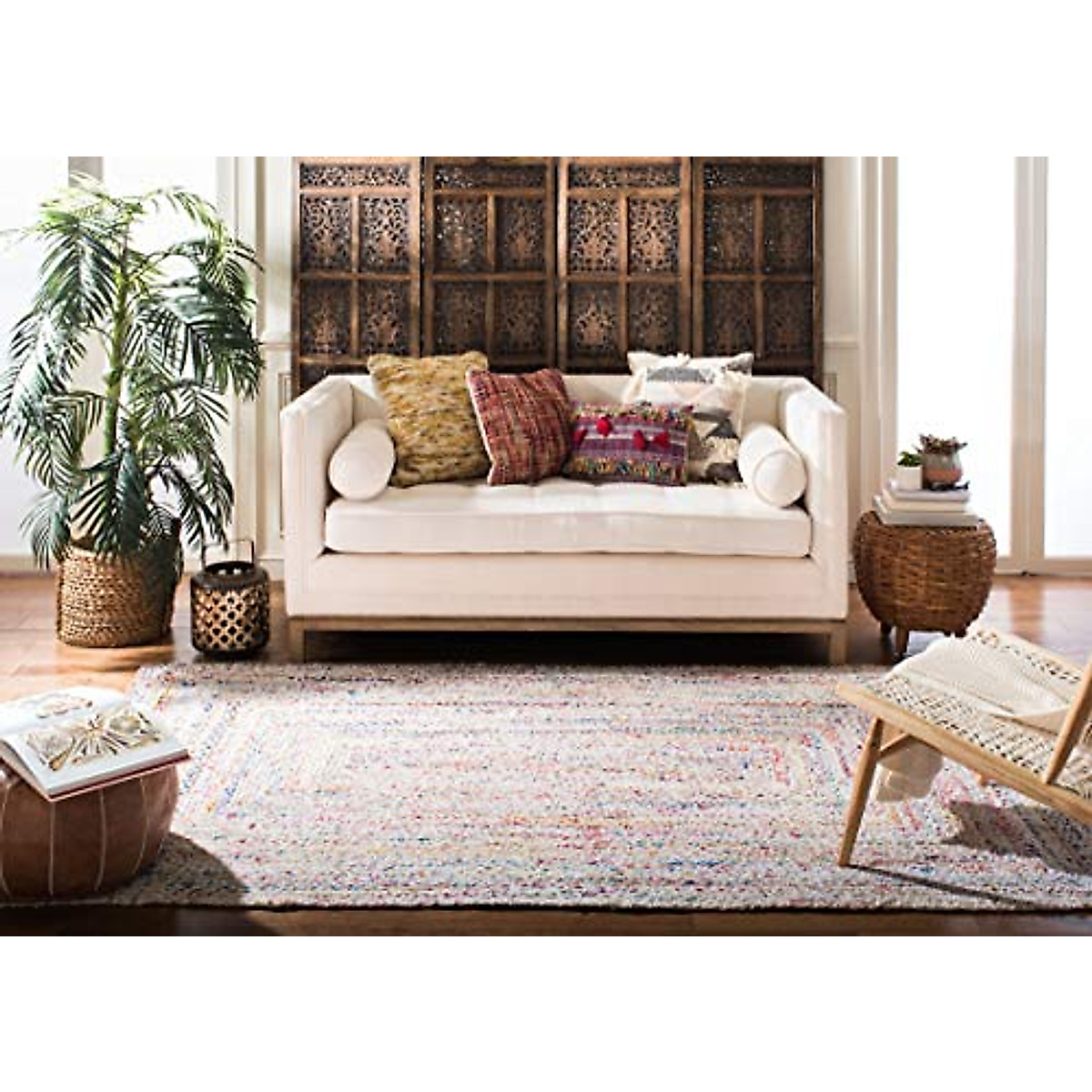 SAFAVIEH Braided Collection Area Rug - 5' x 8', Ivory & Multi, Handmade Boho Reversible Cotton, Ideal for High Traffic Areas in Living Room, Bedroom (BRD210B)