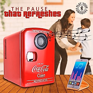 Coca-Cola Bluetooth Speaker Mini Portable Fridge, Compact Personal Cooler Warmer, 12V DC/110V AC for Home, Dorm, Car, Skincare, Cosmetics, Medication, Red