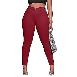 Gboomo Womens Plus Size Pants Skinny Tapered Comfy Stretch High Waist Ankle Jean Wine Red 14W