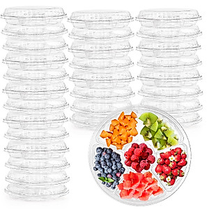 Lawei 30 Pack 12.5 Inch Plastic Appetizer Tray with Lid, 6 Sectional Round Plastic Serving Tray, PET Food Serving Dip Platter, Disposable Fruit Vegetable Trays Storage Containers for Party Buffet