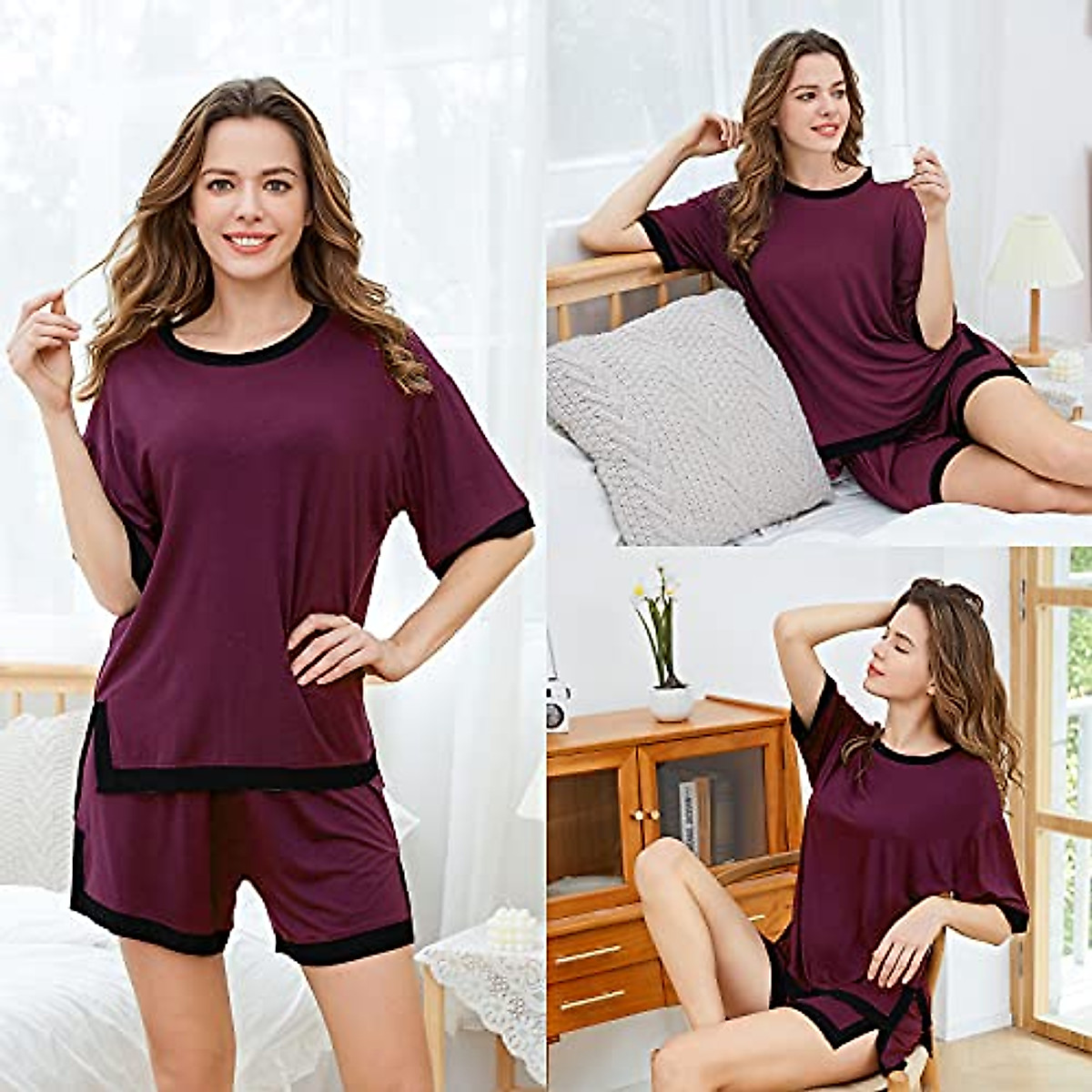 Eiggam Pajama Set for Women Cotton Pajama Capri for Women Solid Pjs Fashion Pijamas Sleep Wear Short Sleeve Ladies Soft Pajama Sleep Sets XL Wine Red Pajamas Set