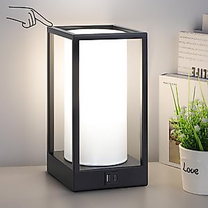 GGOYING Bedside Table Lamp,Touch Control Table Lamp with 3-Way Dimming,USB C Charging Ports,LED Bulb,Black Metal Body and White Fabric Lampshade Bedroom Lamp