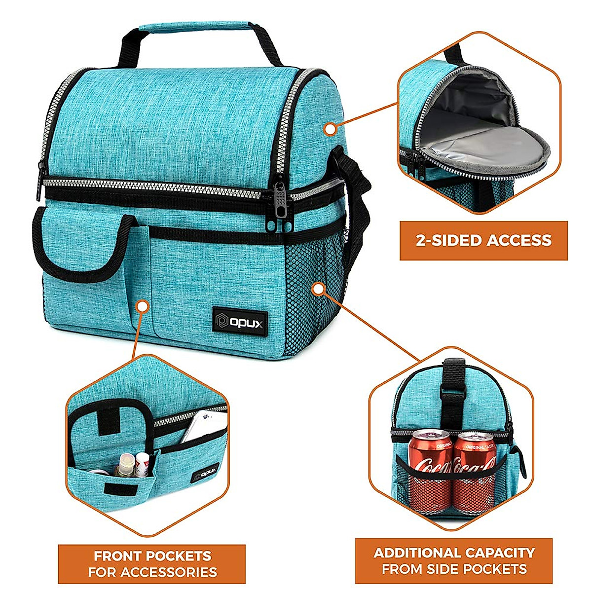 OPUX Lunch Box for Men, Adult Lunch Box Cooler, Insulated Lunch Bag Women, Dual Compartment Lunchbox for Work, Leakproof Double Decker Lunch Bag, Soft Lunch Pail Tote Boys Girls Kids School, Teal Blue