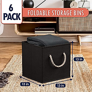 Ornavo Home Foldable Collapsible Storage Box Bins Linen Fabric Shelf Basket Cube Organizer with Rope Handles - Set of 6-13 x 13 x 13 - Black