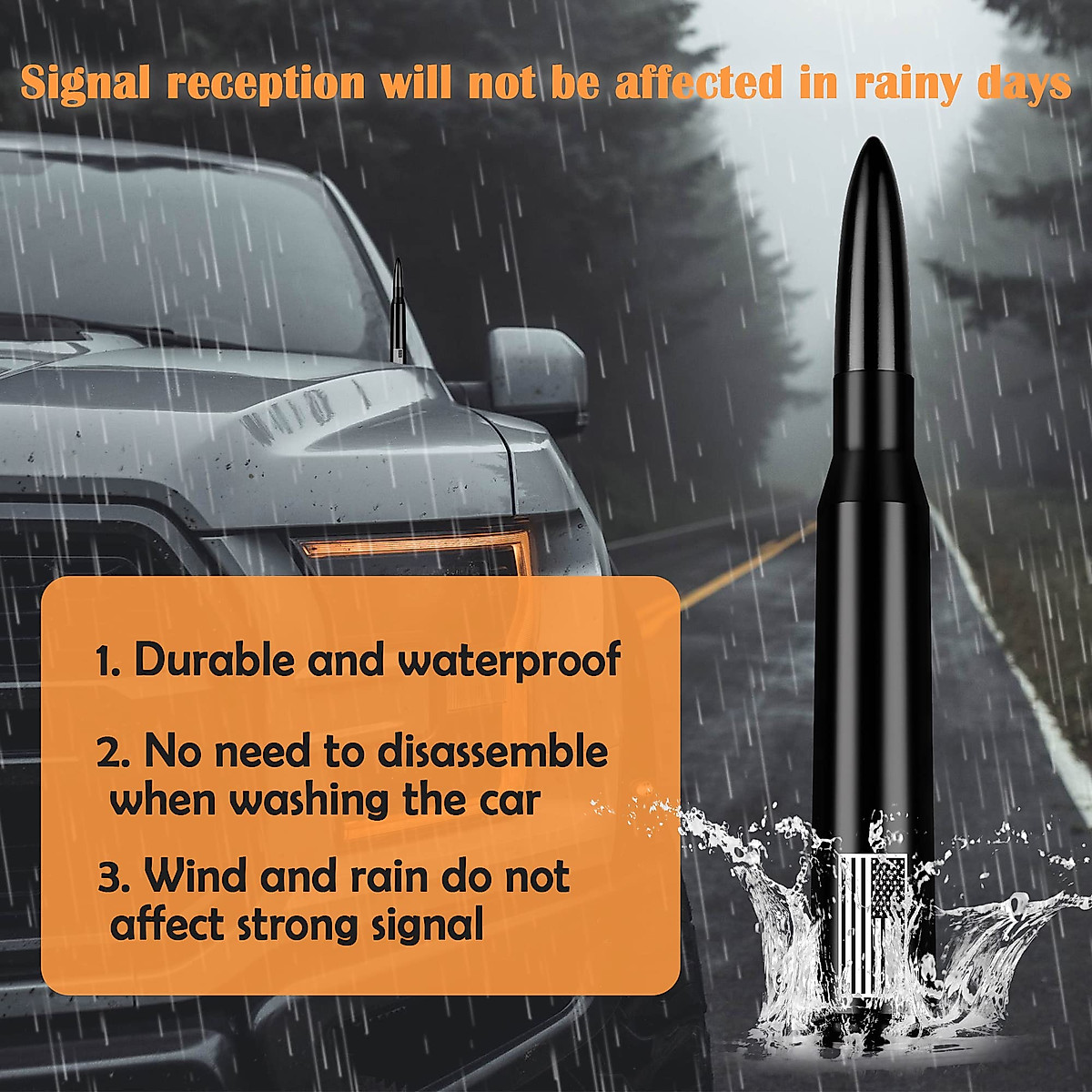 American Flag Car Truck Bullet Antenna,Aluminum Alloy - Enhance Signal Stability and Waterproof,Compatible with Dodge, Ford, Chevrolet, Toyota, Jeep, GMC Antenna Replacement(Black)