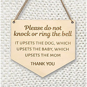 Baby sleeping sign for front door - Please do not knock or ring the bell, it upsets the dog, which upsets the baby, which upsets mom - Do not ring doorbell sign Size 6 x 5.5 (inches), Brown