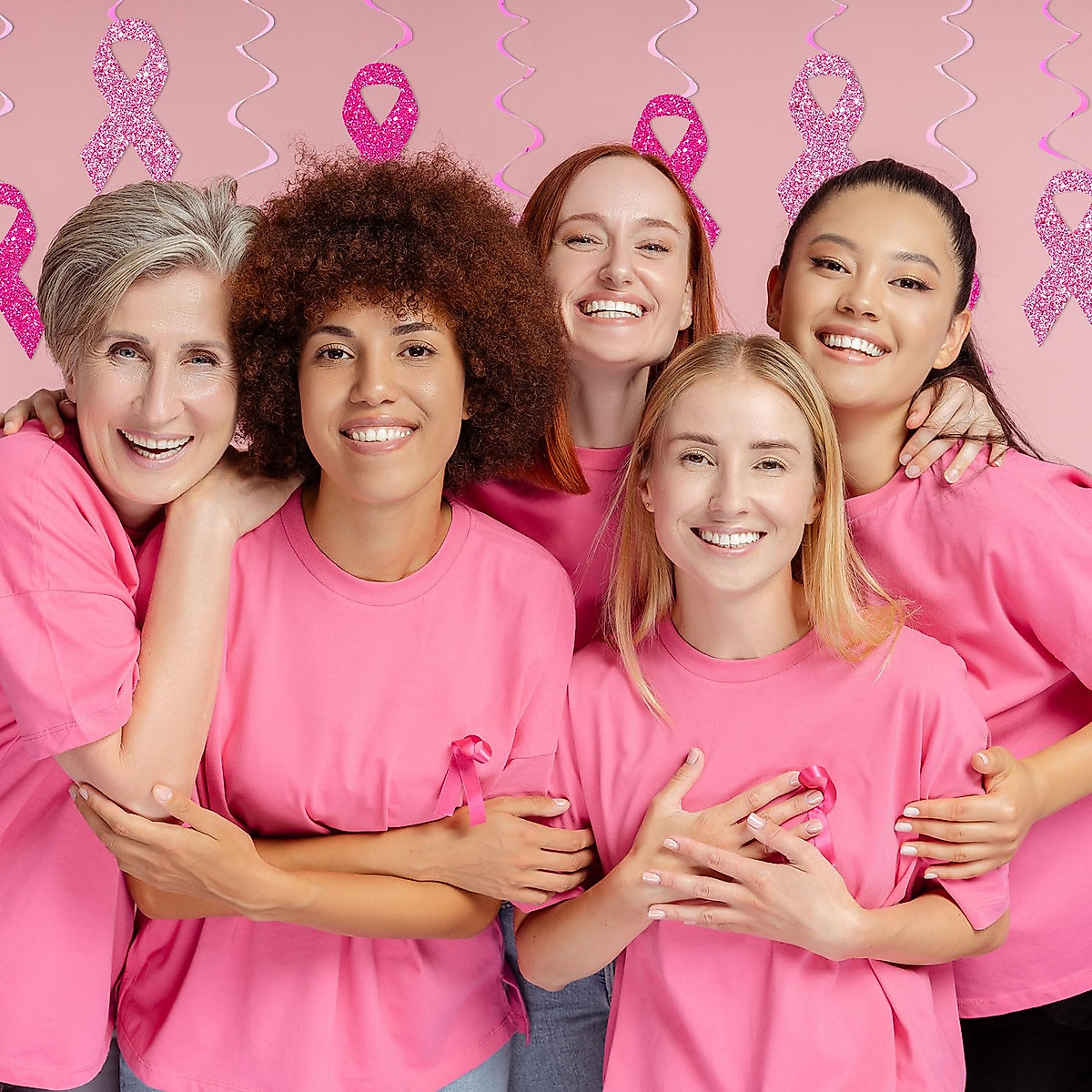 Whaline Breast Cancer Awareness Hanging Swirls Glitter Pink Ribbon Ceiling Spiral Streamers Hanging Ornaments for Home Party Wall Decoration Supplies, 18Pcs