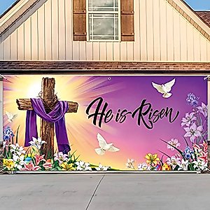 Outdoor Easter Garage Door Banner Cover He is Risen Backdrop Easter Decorations Extra Large Jesus Cross Religious Banner Background for Spring Home Outdoor Indoor Easter Party Supplies 6.1 x 13 ft