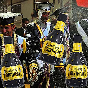 HADCKJA Champagne Bottle Balloons Black Gold Bottle Foil Mylar Balloons Birthday Party Decorations Birthday Party Balloons Wedding Anniversary Backdrop Party Decorations Supplies Favors Decor 3 Pcs