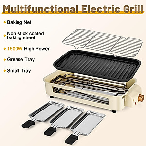 Pukomc Electric Indoor Grill,2 in 1 Indoor Grills for Kitchen with Grill Net & Non-Stick Cooking Removable Plate, Temperature Control, Dishwasher Safe, 1500W Smokeless Grill