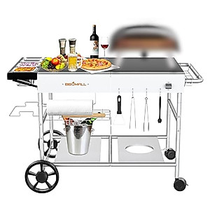 BBQMall Pizza Oven Table Cart for Ooni Koda/Karu/Fyra 16 & 12 with Pizza Topping Station, Movable Food and Prep Workcart, Outdoor Grill Stand for Ninja Woodfire, Blackstone Griddle Cuisinart etc Grill