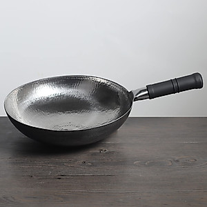 Mecete Wok Pan Nonstick Chinese Hand Hammered Woks and Stir Fry Pans Non-stick Carbon Steel Wok Utensils No Coating(13.3 Inch, Round Bottom) 1.8 mm thickness