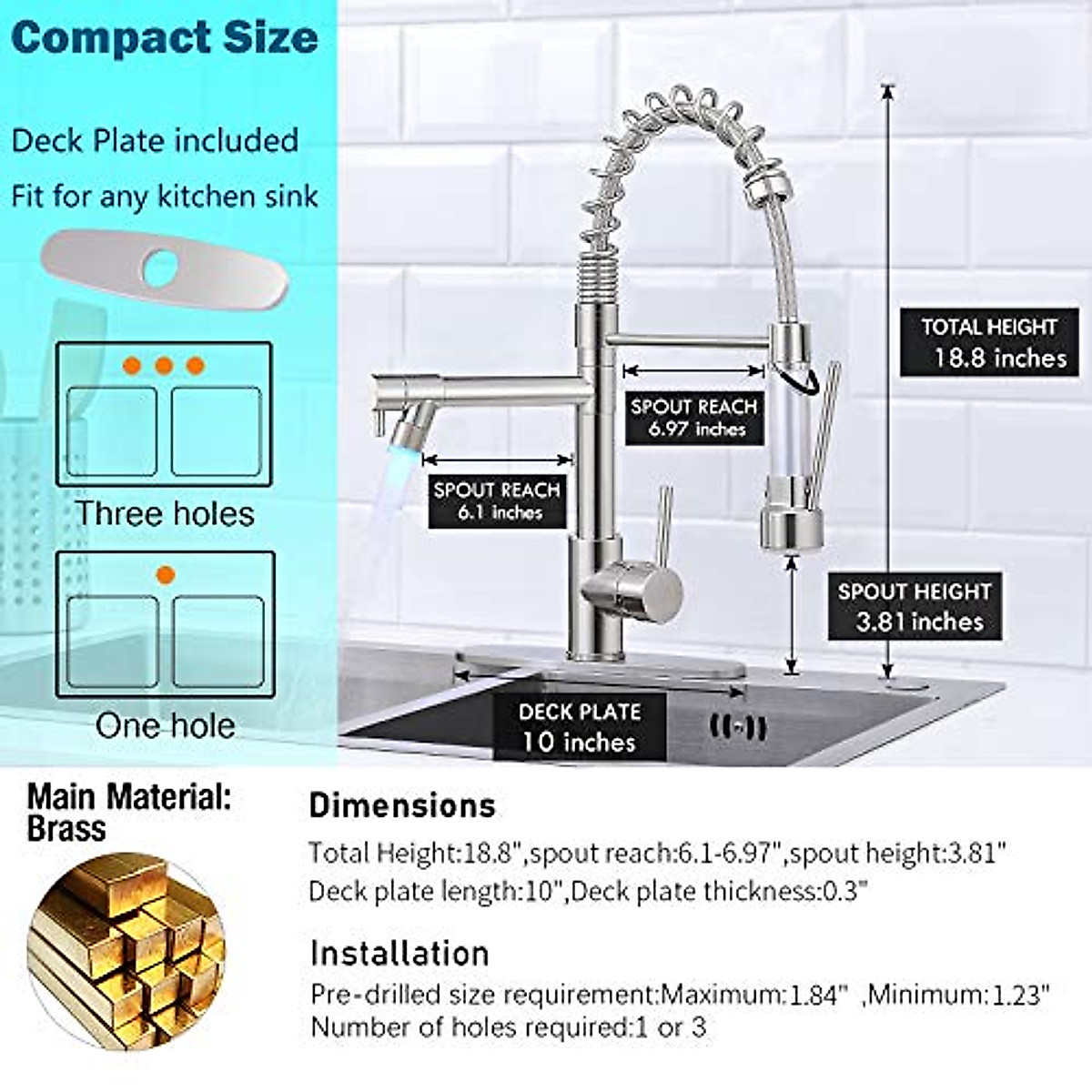DJS Kitchen Faucet with Pull Down Sprayer, Faucet for Kitchen Sink, High Arch Stainless Steel Single Handle Spring Kitchen Faucets with Deck Plate for 1 or 3 Holes for Sink. DJS-CFLT-2020N-Lock-LED-DP