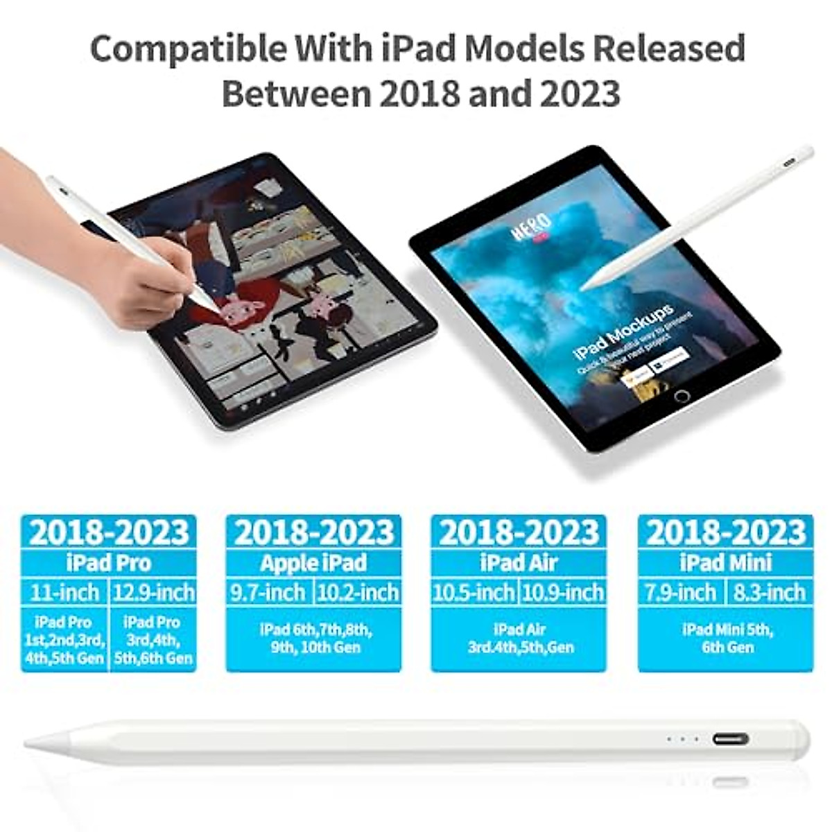 Stylus Pen for iPad,4X Fast Charge,10 Hour Use,Low Latency,Compatible Work for 2018-2024 iPad Air 11/13-inch(M2) Air/3/4/5/6,iPad Mini 5/6,iPad 6/7/8/9/10,iPad Pro 11/13-inch(M4),Pro 11"/12.9"(White)