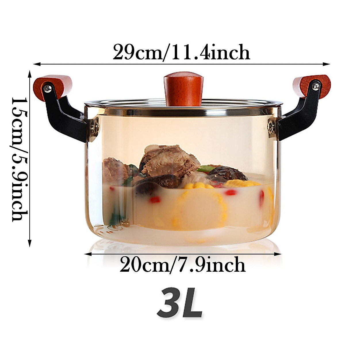 Hgjgwqh Glass Simmer Pot with Lid, Glass Pots for Cooking with Cover and Wooden Handle High Borosilicate Stovetop Cooking Pot for Pasta Noodle Soup Milk Baby Food, Amber, Glass Cookware,3L