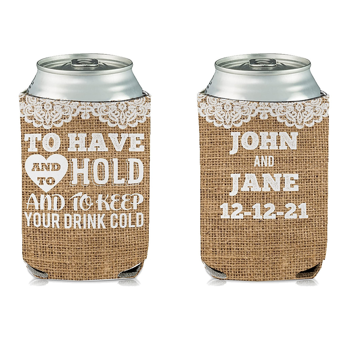 VictoryStore Can and Beverage Coolers: Custom Rustic Burlap To Have And To Hold Wedding Can Coolers (150)