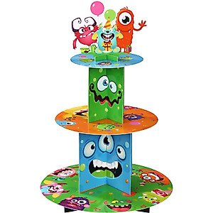 Zopeal 3 Tier Monster Cupcake Stand Monster Party Decorations Color Monster Party Cupcake Holder Monster Dessert Tower for Boys Girls Monster Theme Party Baby Shower Birthday Party Favors