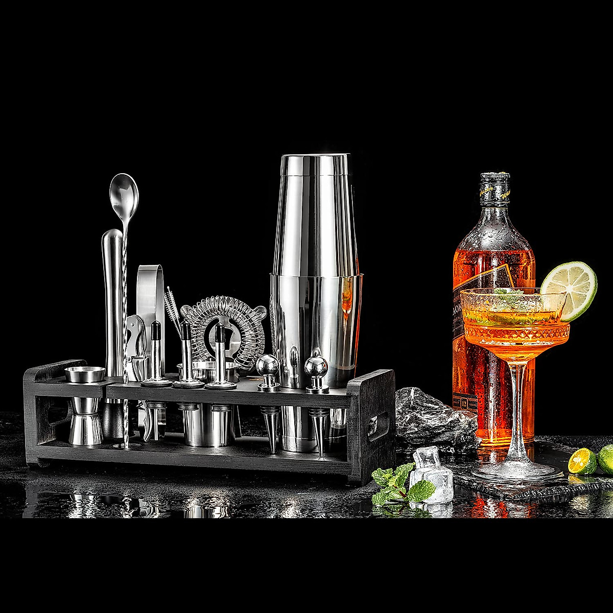 Soing 24-Piece Cocktail Shaker Set,Perfect Home Bartender Kit for Drink Mixing,Stainless Steel Bar Tools with Stand,Velvet Carry Bag & Recipes Cards Included (Silver)