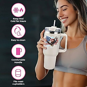 LB LEOBON 40 ounce insulated cup with handle, double-layer vacuum stainless steel material, equipped with straw, can keep warm or maintain cold drinks Eagle American Flag white