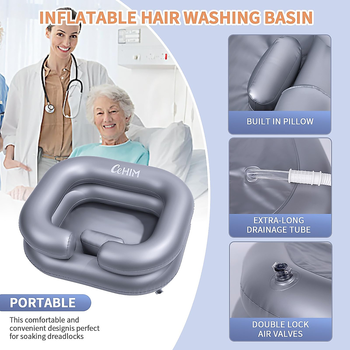 Cehim Inflatable Shampoo Basin - Portable Shampoo Bowl, Hair Washing Basin for Bedridden, Disabled,Injured, Hair Wash Tub for Dreadlocks and at Home Sink Washing (Silver)