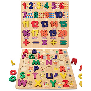 Wooden Puzzles for Toddlers 2 in 1 Wooden Peg Puzzle Set Wooden Alphabet ABC Number Puzzles Board Toddler Preschool Learning Toys for Kids Ages 1-3 Boys Toys Gifts