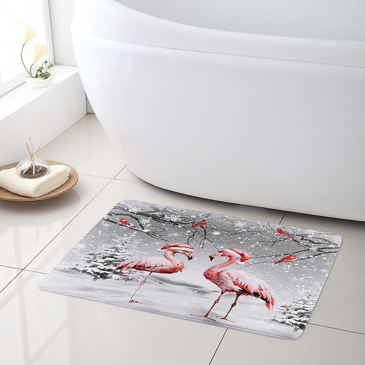 LB Winter Snow Forest Bath Mat Pink Flamingo with Christmas Hat Area Rug for Bathroom Red Cardinal Grey Tree Doormat Non Slip Memory Foam Super Absorbent Floor Mats,24Wx16H Inch