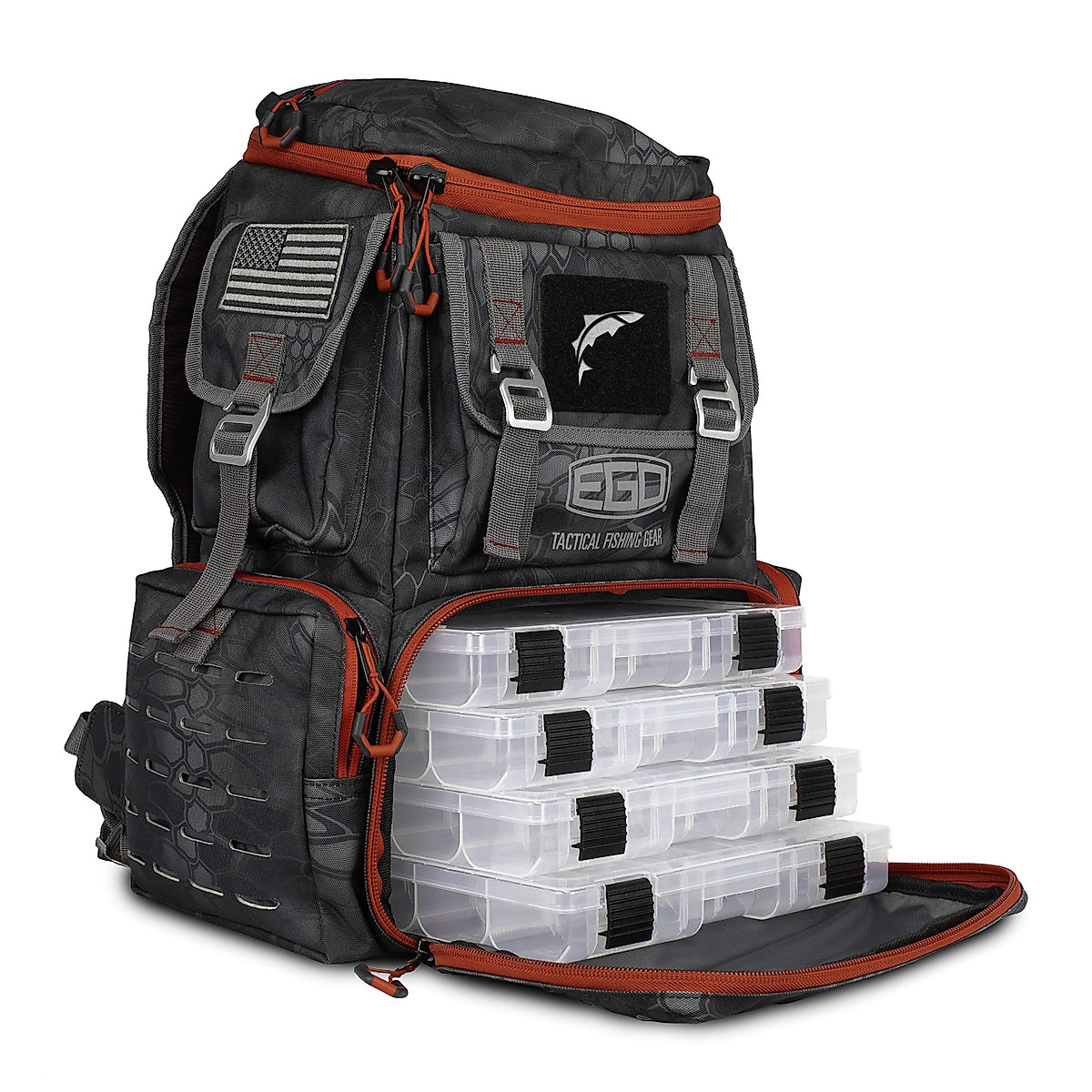 Ego Kryptek Tackle Box, Fishing Pack with 4 Accessory Trays, Water Resistant PVC, Multiple Storage Pockets, Tool Bag, G-Hook Closure System