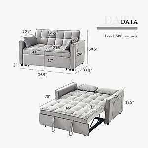 ECHINGLE 54.8'' Sleeper Sofa Bed 3-in-1 Convertible Couch with Pullout Bed, Reclining Backrest, Storage Pockets – Modern Space Lounge Furniture for Living Room, Includes Toss Pillows,Grey