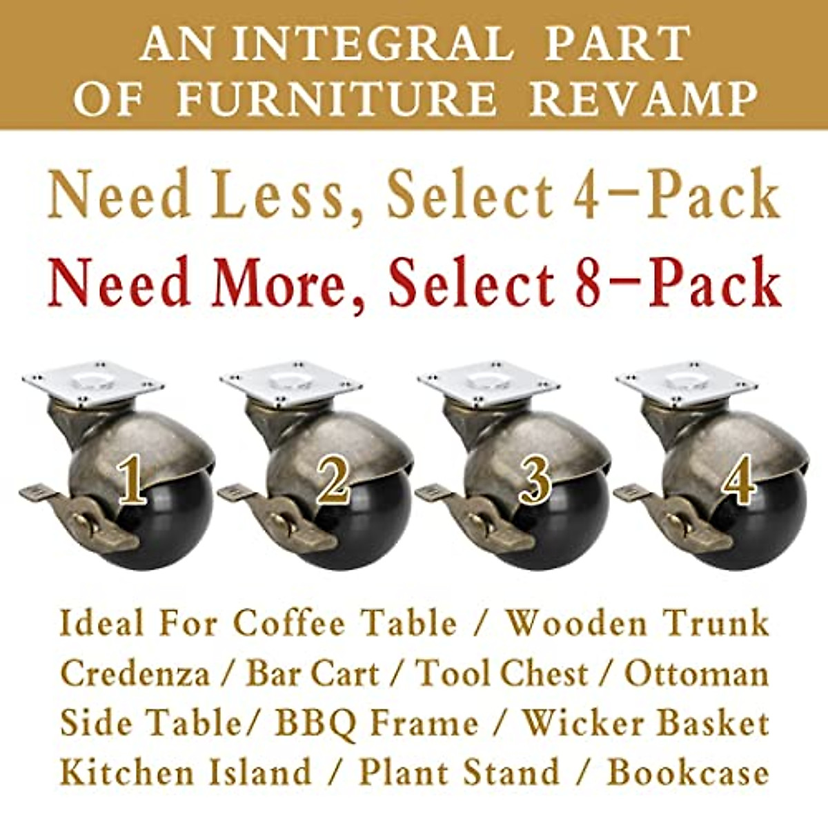 JGJC Casters Set of 4, Antique Brass Casters with Brake, 2 Inch Ball Castor Wheels for Furniture Casters Vintage Wheels Heavy Duty, Table Caster with 360 Degree Swivel Top Plate