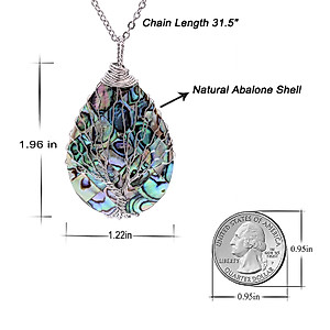 Wire Wrapped Abalone Teardrop Necklace - Handmade Silver Abalone Shell Water Drop Tree of Life Pendent Jewelry for Women