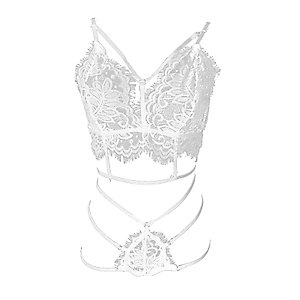 wodceeke Sexy Lace Split Plus Size Lingerie For Women Perspective Embroidered Bodysuit Seductive Sleepwear With Garter (White, XL)