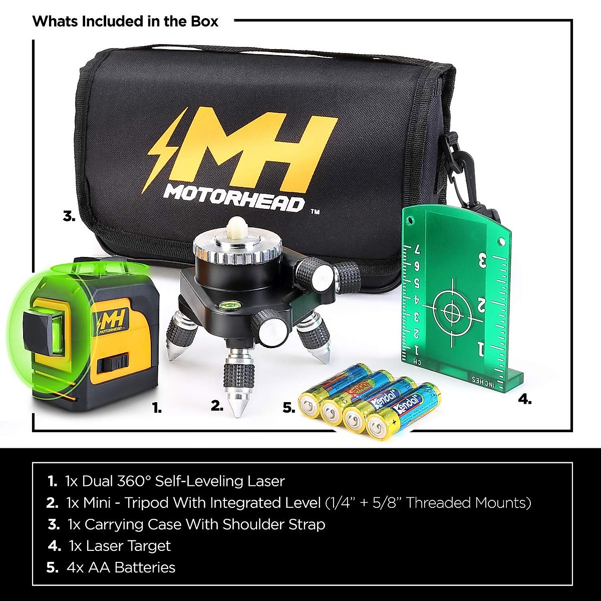 MOTORHEAD 165-Ft Self-Leveling 360-Degree Green Cross-Line Laser Level, Switchable Horizontal & Vertical Beams, IP 54, Pulse Mode w/Leveling Mini-Tripod, Batteries, Magnetic Target & Storage Bag