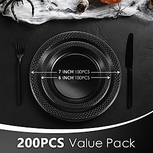 200 Pieces Black Plastic Plates Bulk Disposable Round Plates Black Party Supplies 6 Inch 7 Inch Plates Set for Salad Dessert Cake Home Birthday Wedding Party Event Picnic Dinner BBQ Plates Pack