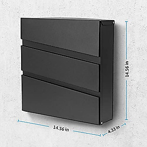 YOOBOX Wall-Mount Mailbox with Lock and Keys, Security Key Drop Box for House Outside, Locking Postbox, Steel Metal Rust-Proof Mail Box, 14.57 x 14.57 x 4.33 Inch, Black, MD002 X-Large