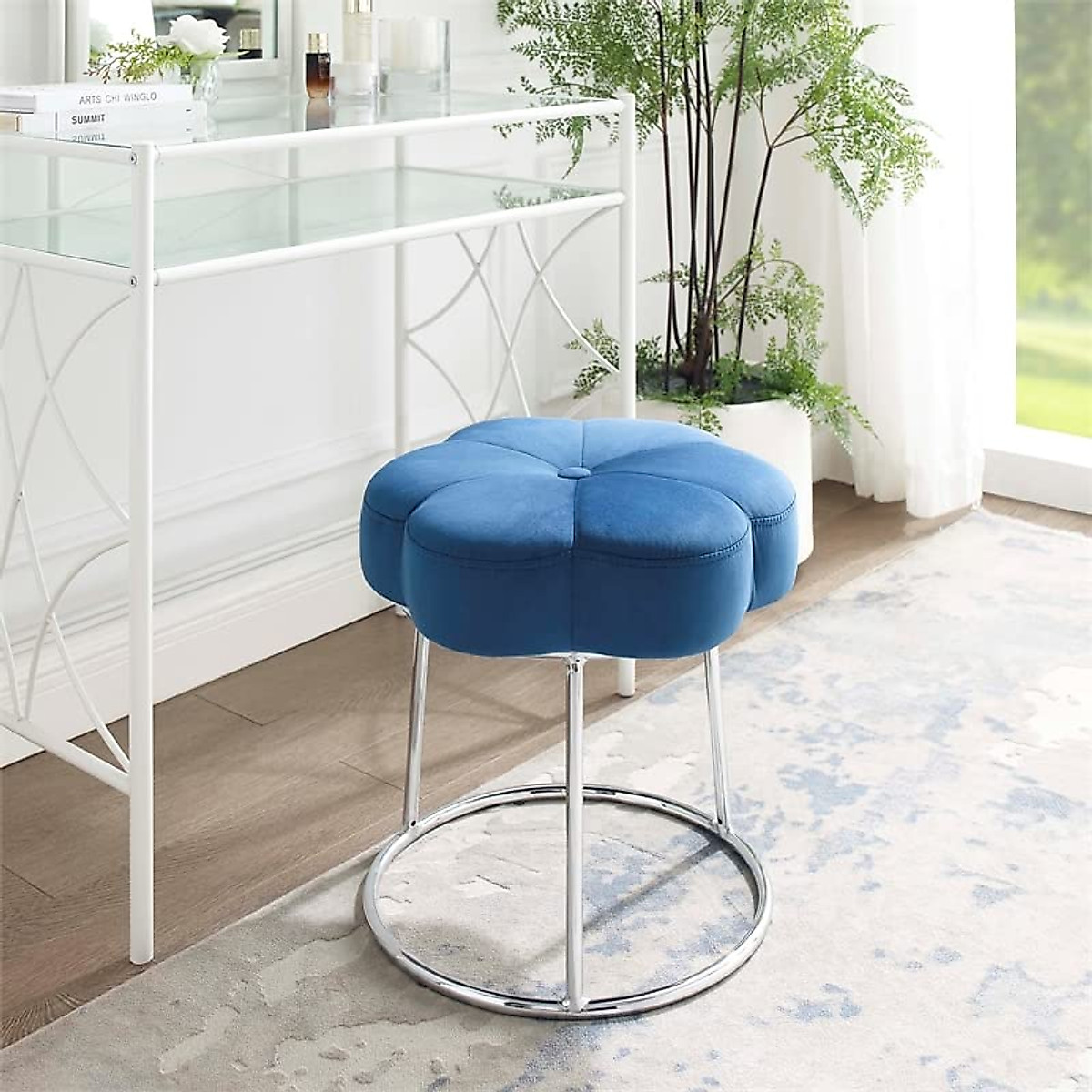 Linon Siena Silver Base Upholstered Flower Shaped Vanity Stool in Navy Velvet