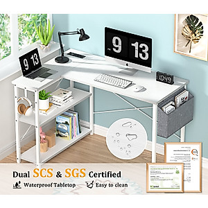 Mr IRONSTONE L Shaped Desk with Outlets & USB Ports, Reversible 47 Inch Office Desk, Corner Desk for Small Space, Home Office Desk with Storage Bag & Hook, White