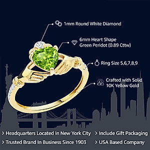 Gem Stone King 10K Yellow Gold Green Peridot and Diamond Accent Irish Celtic Claddagh Ring For Women (0.89 Cttw, Heart Shape 6MM, Available in size 5, 6, 7, 8, 9)