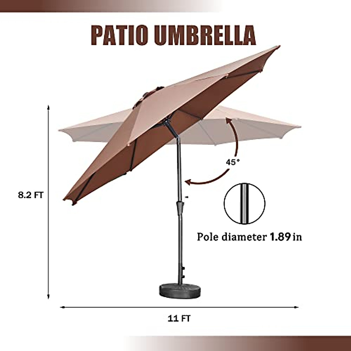 HYD-Parts 11 FT Large Patio Umbrella Waterproof and Sun Shade 360-Degree Outdoor Umbrella with Tilt and Crank (Coffee)