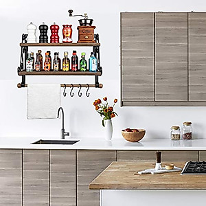 Halcent Floating Shelves Wall Mounted Storage Shelves, 2-Tier Rustic Farmhouse Wood Wall Shelf Kitchen Spice Rack Bathroom Shelf with Towel Bar and 8 Hooks