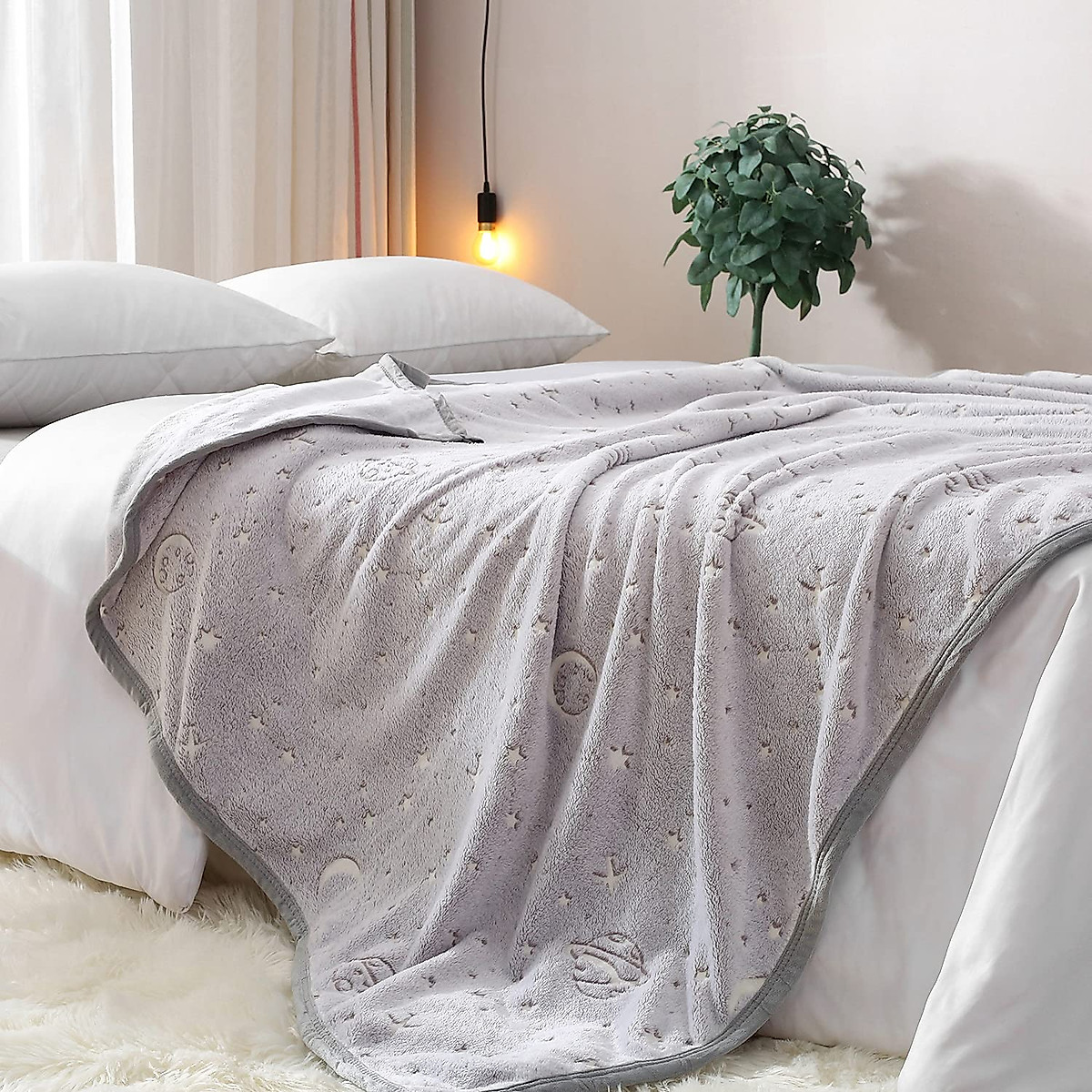 Glow in The Dark Throw Blanket for Kids, Soft Fleece Blanket for Couch Bed, Outdoor Fuzzy Blanket with Galaxy Planet Pattern, Birthday Gifts for Girls Boys and Toddler Grey 50x60 Inch