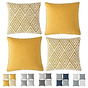 HPUK Decorative Throw Pillow Covers Set of 4 Geometric Design Linen Cushion Cover for Couch Sofa Living Room, 18"x18" inches, Ochre