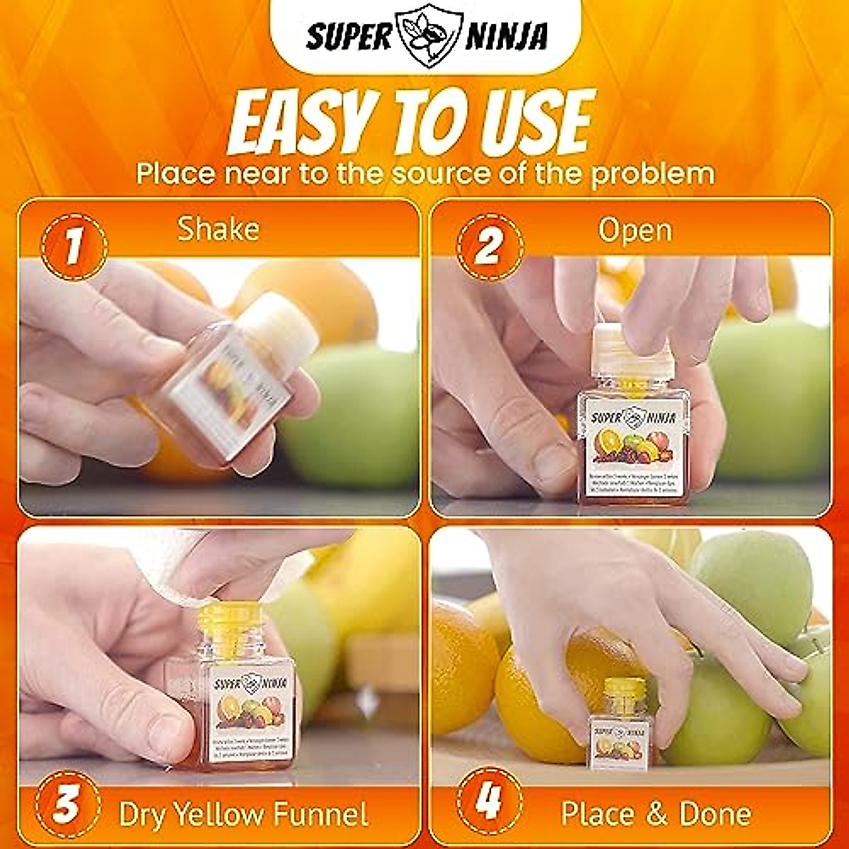 Super Ninja Fruit Fly Traps for Indoors - Highly Effective Ecological Fruit Fly Trap - Environmentally Responsible Fruit Fly Killer - User Friendly - Up to 3 Weeks per Trap (4 Traps)